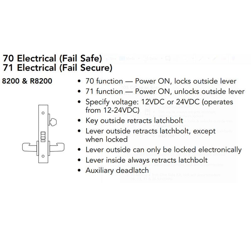 Sargent RX-8271-24V-LNL-26D Electric Mortise Lock, Fail Secure, 24V, L